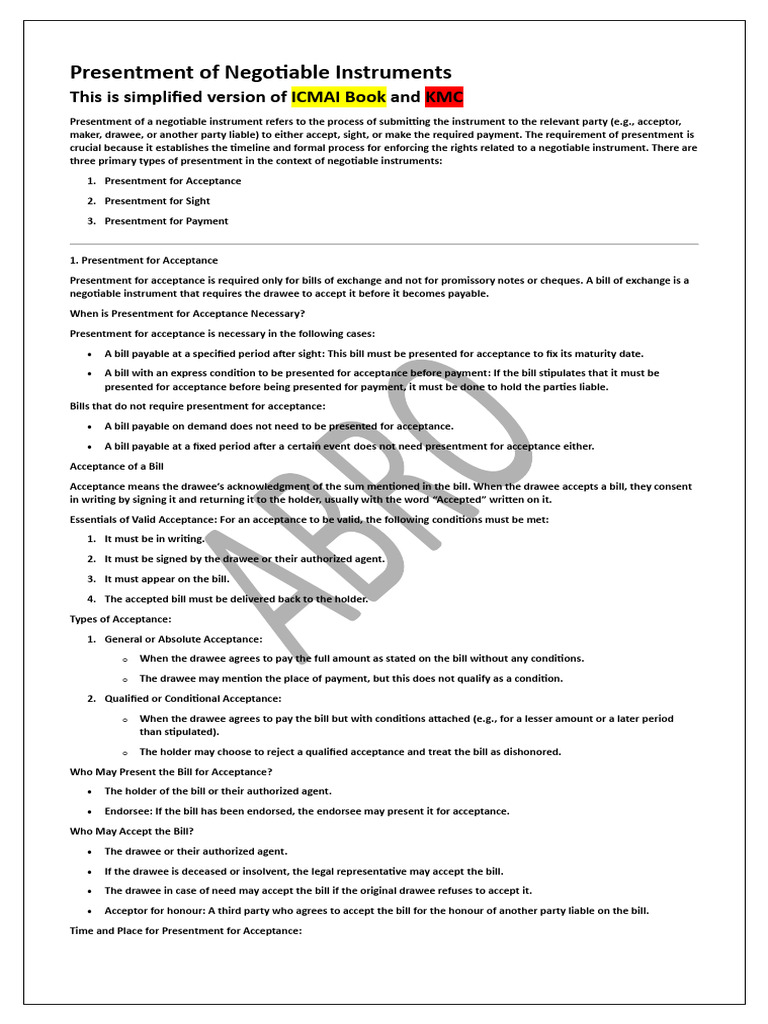Presentment of Negotiable Instruments | PDF | Negotiable Instrument | Promissory Note