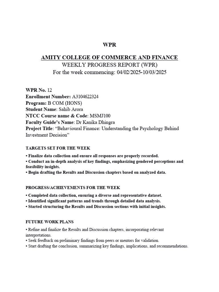 WPR Amity College of Commerce A DFI A CE: Weekly Progress Report (WPR) For The Week Commencing ...