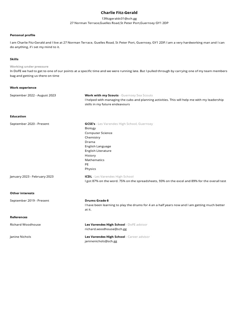 Charlie Fitz-Gerald: Personal Profile | PDF | Science