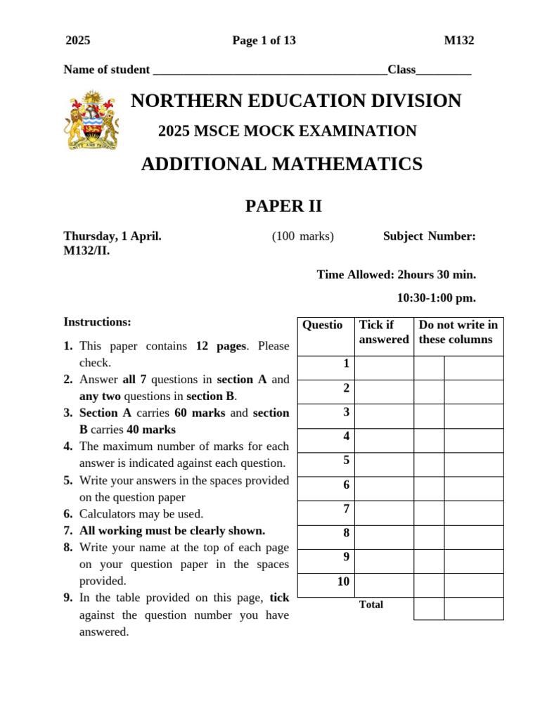 2025 MSCE Additional Mathematics Paper II | PDF | Matrix (Mathematics ...