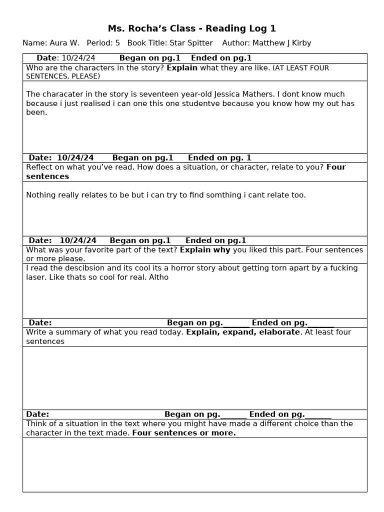 Reading Log - 1 - Q2 | PDF