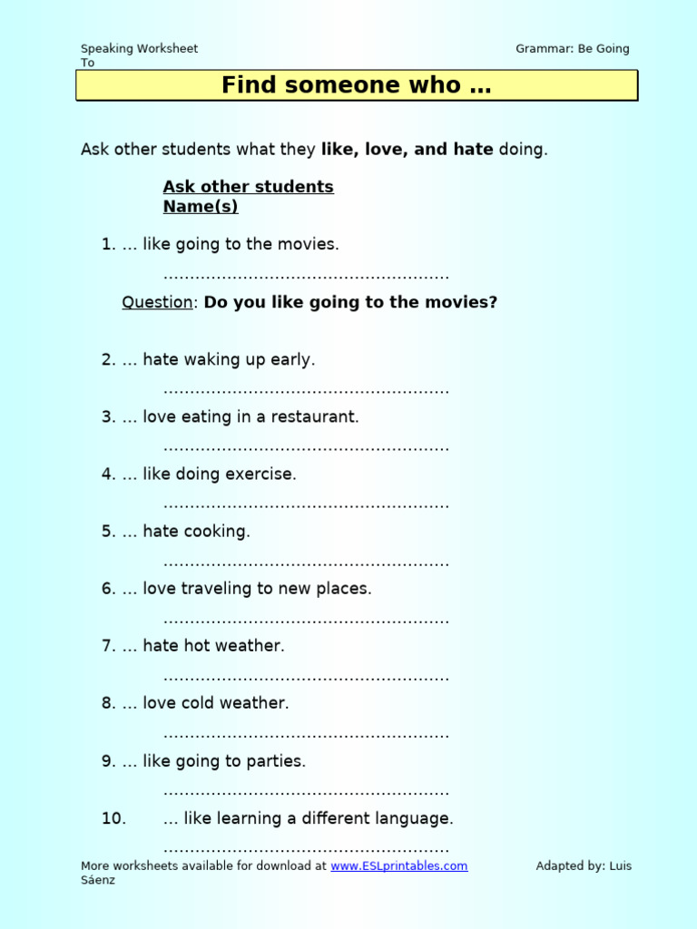 Unit 6B Find Someone Who - Like Hate Love | PDF