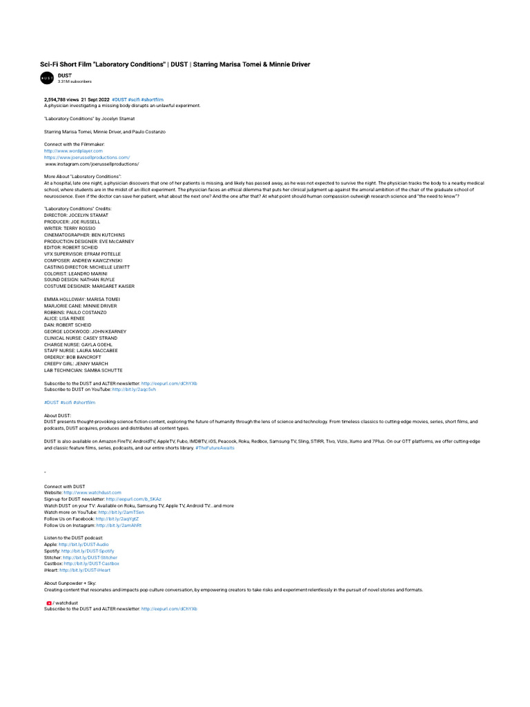 Sci-Fi Short Film - Laboratory Conditions - DUST - Starring Marisa ...