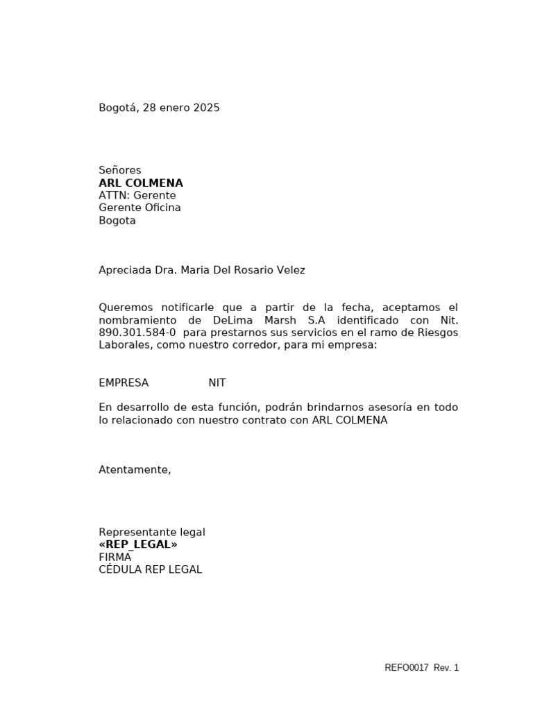 REFO0017 (2) .Doc Modelo Carta de Nombramiento ARL COLMENA | PDF