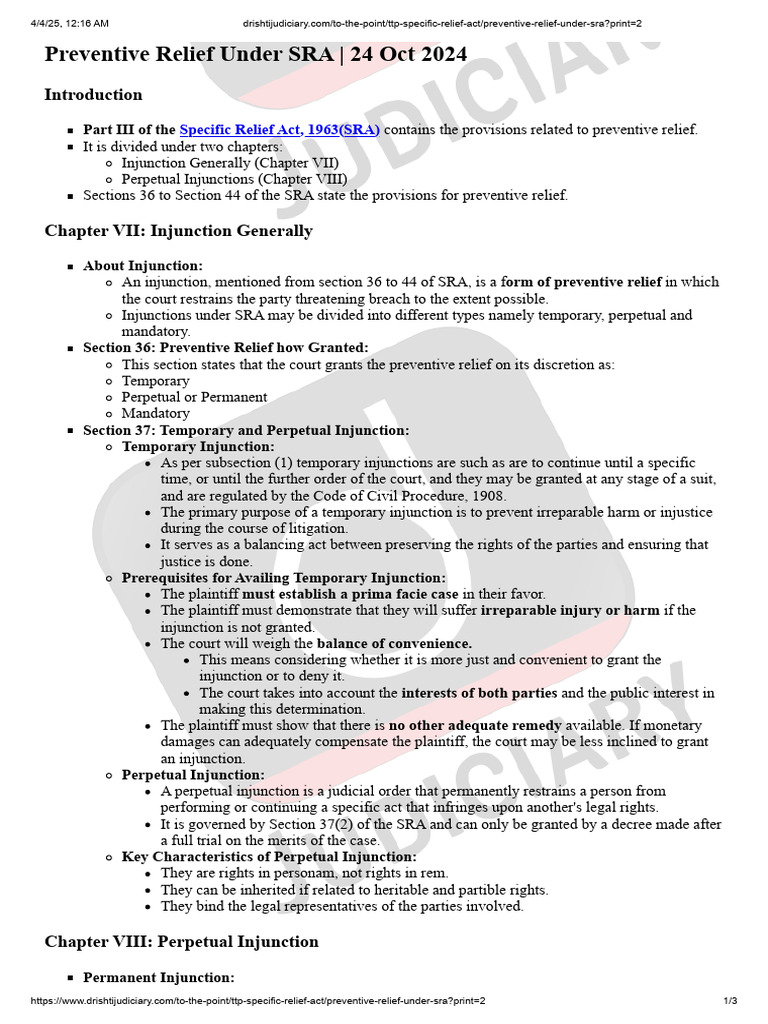 Preventive Relief Under Sra - Print 2 | PDF | Legal Remedy | Injunction