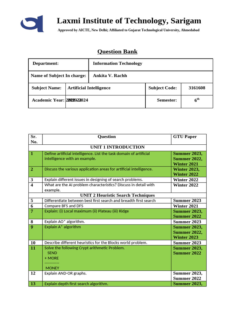 AI (3161608) - Question Bank GTU | PDF | Logic | First Order Logic