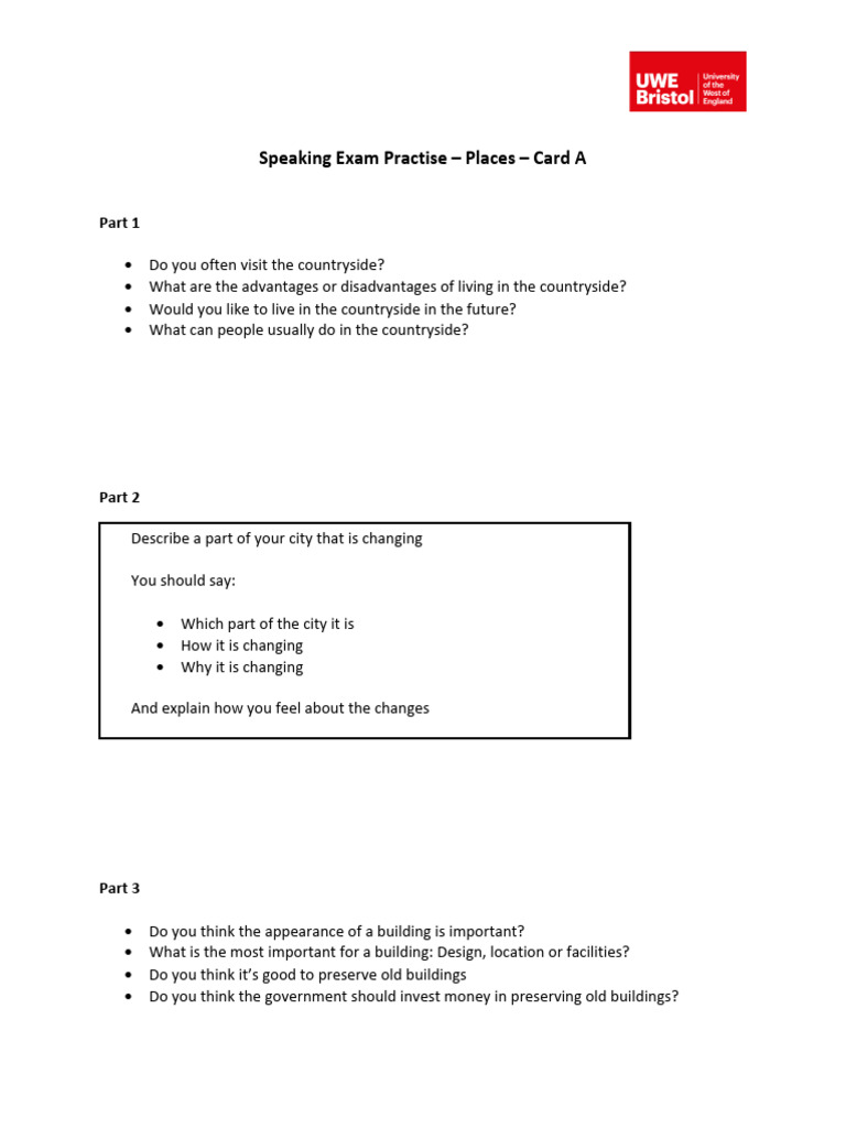 03 Card A - Speaking Exam Practise - Places | PDF