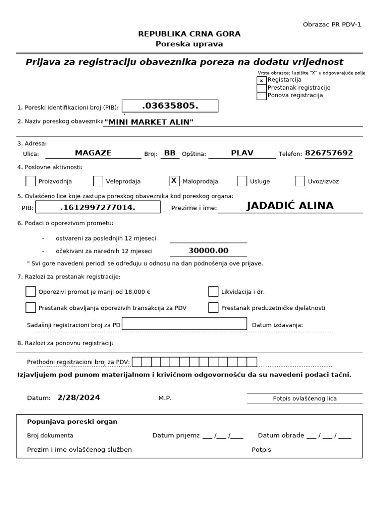 Obrazac Za Prijavu Pdv-A | PDF