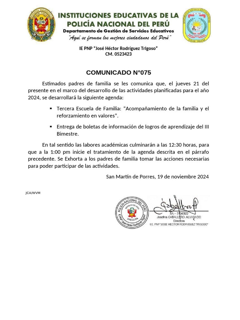 Comunicado N°075-Entrega de Boletas y III Escuela de Familias | PDF