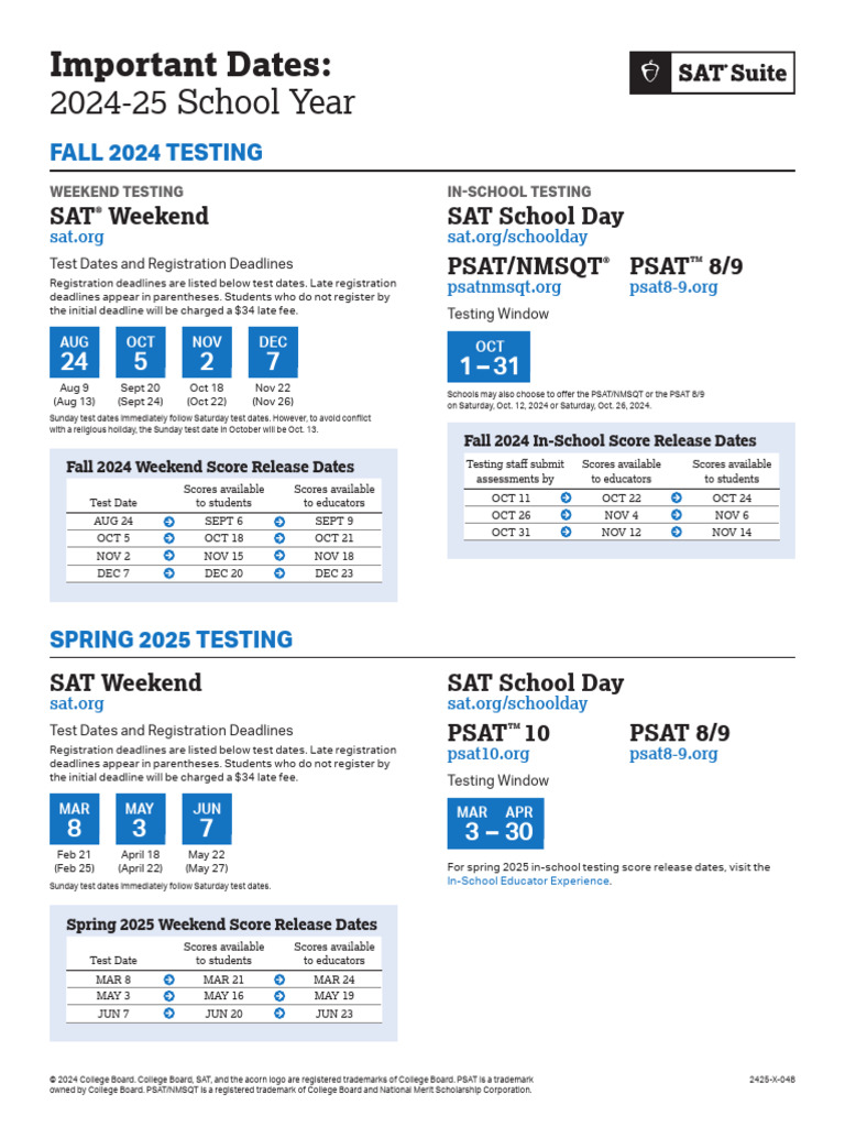 SAT Weekend Test Dates 2024-25 | PDF | Schools | The United States