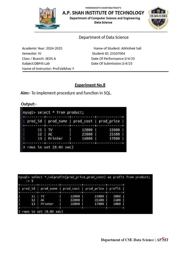 SQL Procedures and Functions Lab Report | PDF