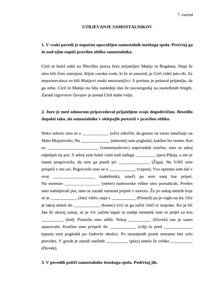 Utrjevanje Samostalnikov | PDF