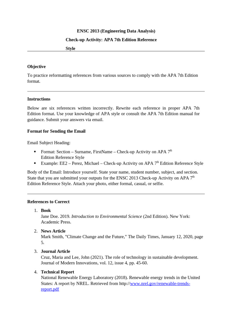 ENSC 2013 Check-Up Activity On APA 7th Edition Reference Style | PDF