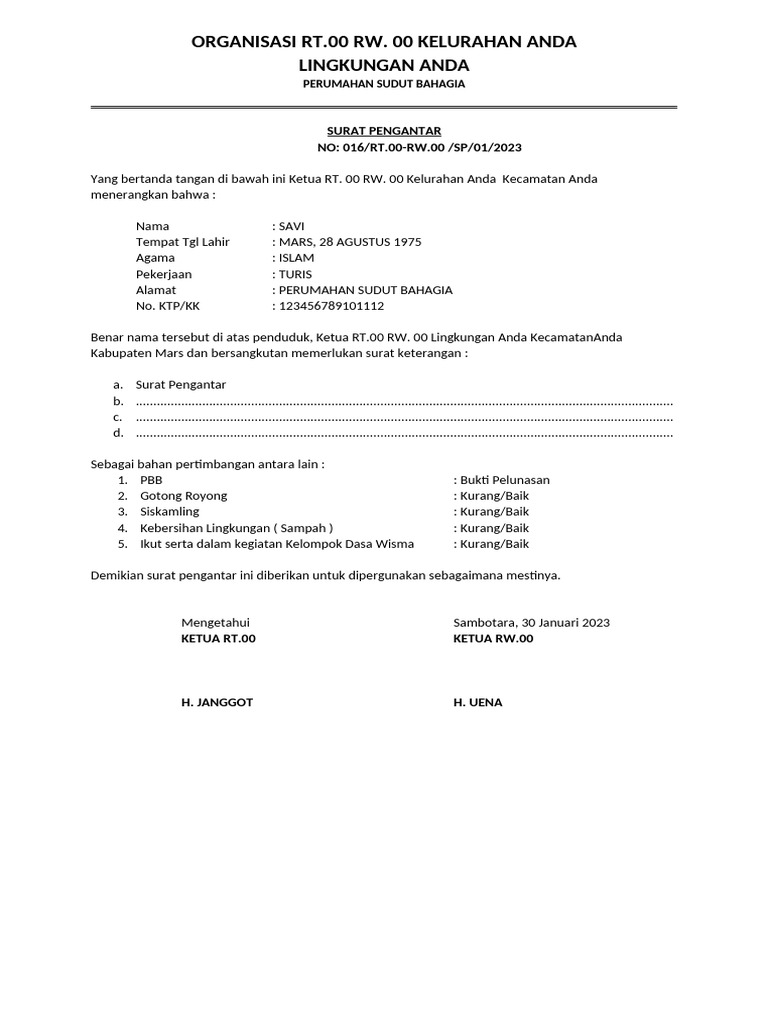 Contoh Surat Pengantar RT 00 RW 00 | PDF