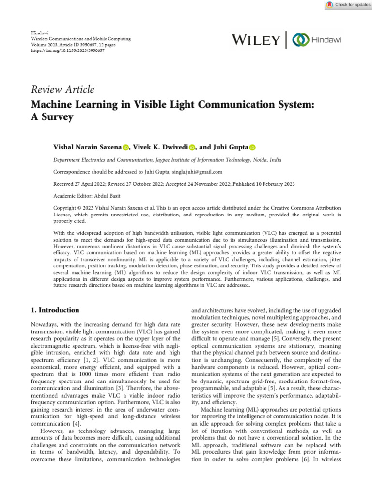 Saxena - Machine Learning in Visible Light Communication System A | PDF | Support Vector Machine ...