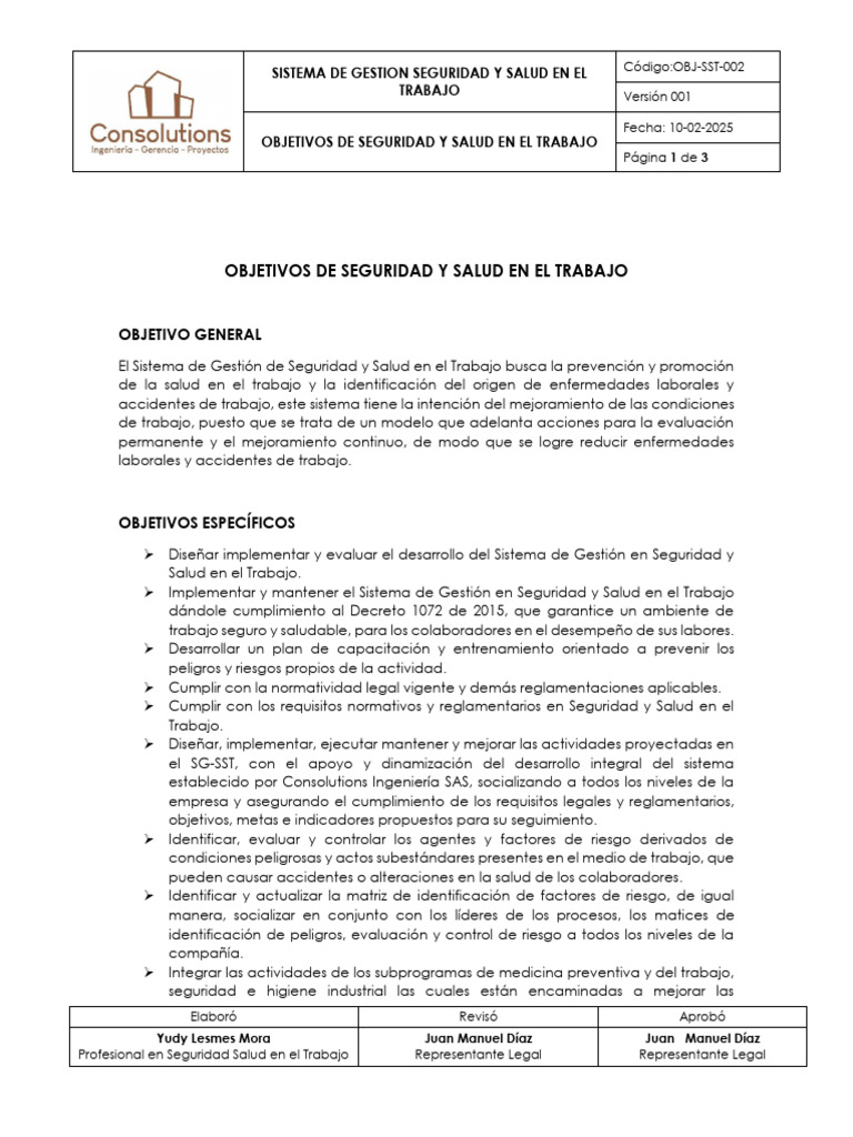 OBJ-SST-002 Objetivos de SST 2 | PDF | Seguridad y salud ocupacional | Higiene Ocupacional