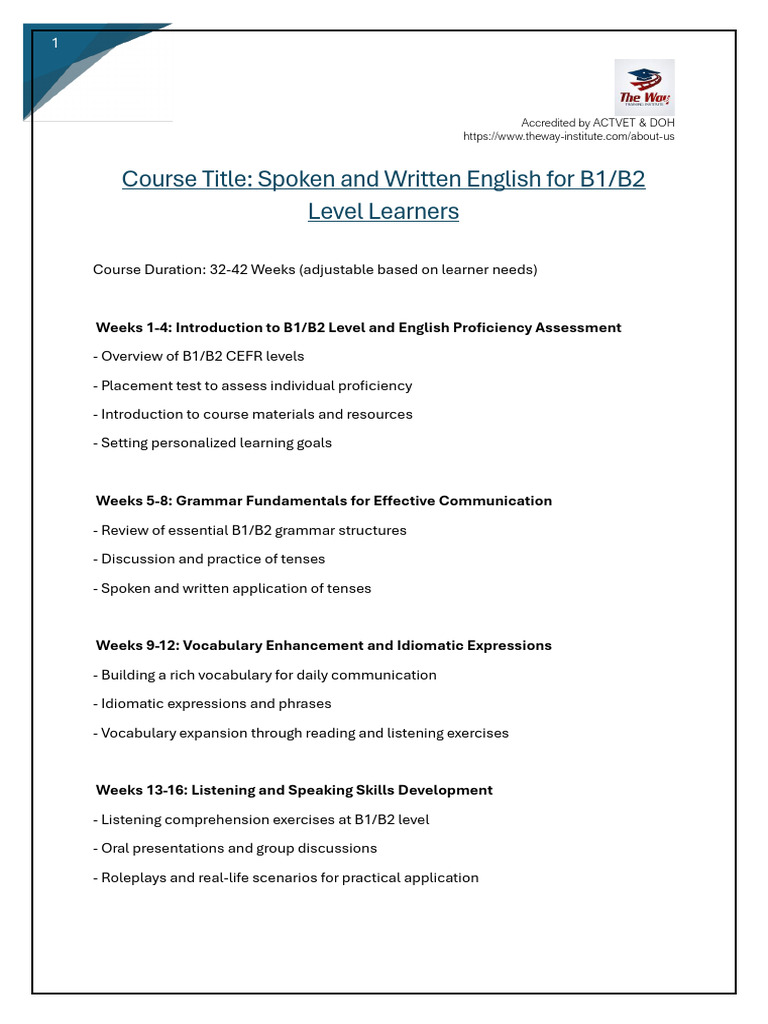 Spoken and Written English For B1-B2 Level Learners - Course Outline Way Training | PDF ...