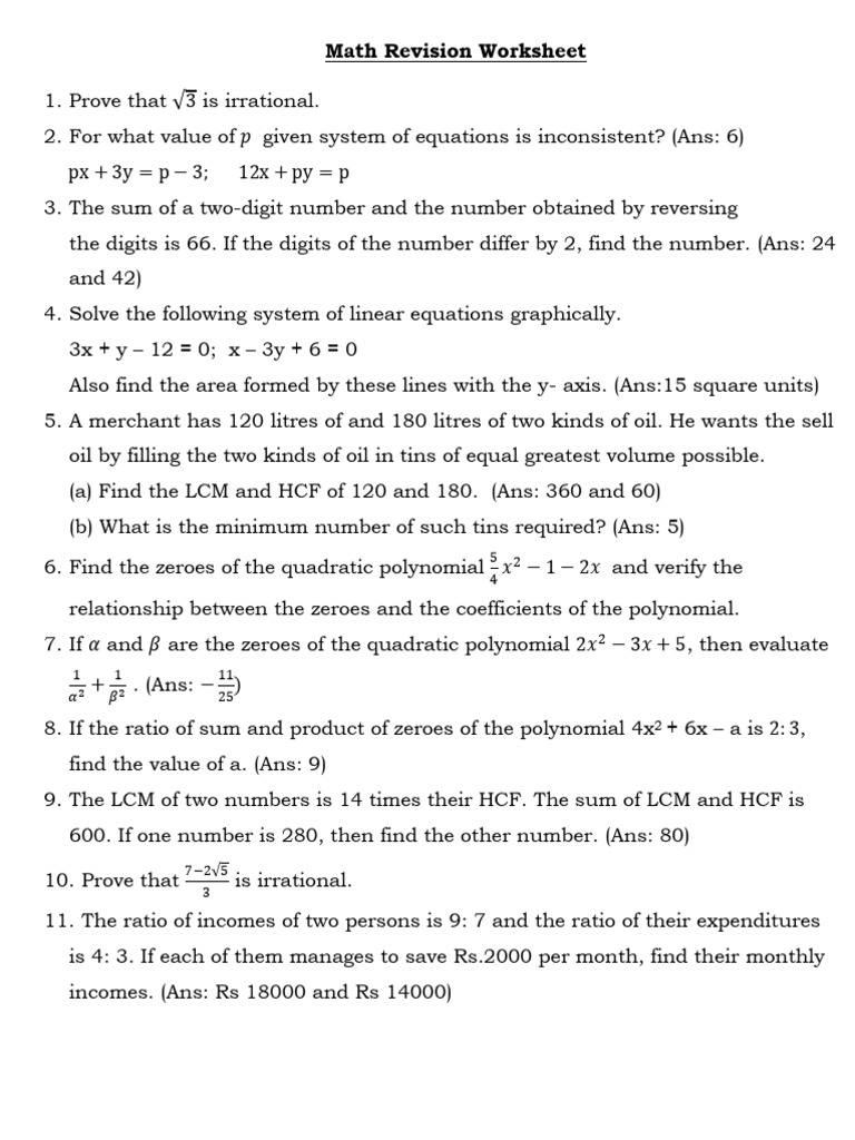 Math Revision Worksheet | PDF