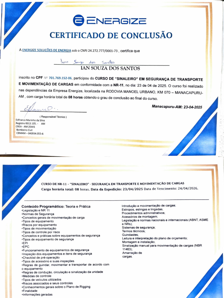 Certificado Sinaleiro Ian 2025 | PDF