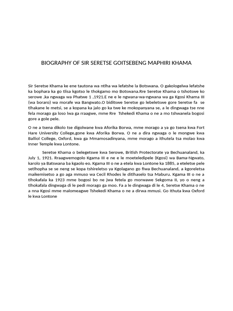Biography of Sir Seretse Goitsebeng Maphiri Khama | PDF