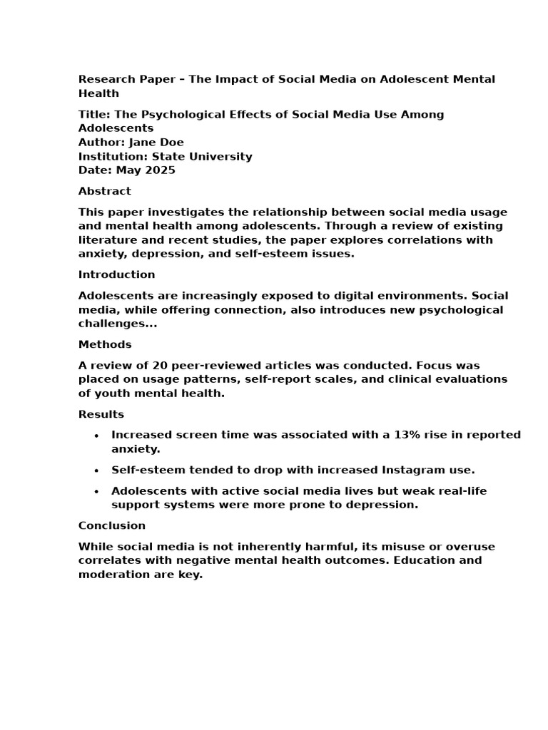 Research Paper - The Impact of Social Media On Adolescent Mental Health ...