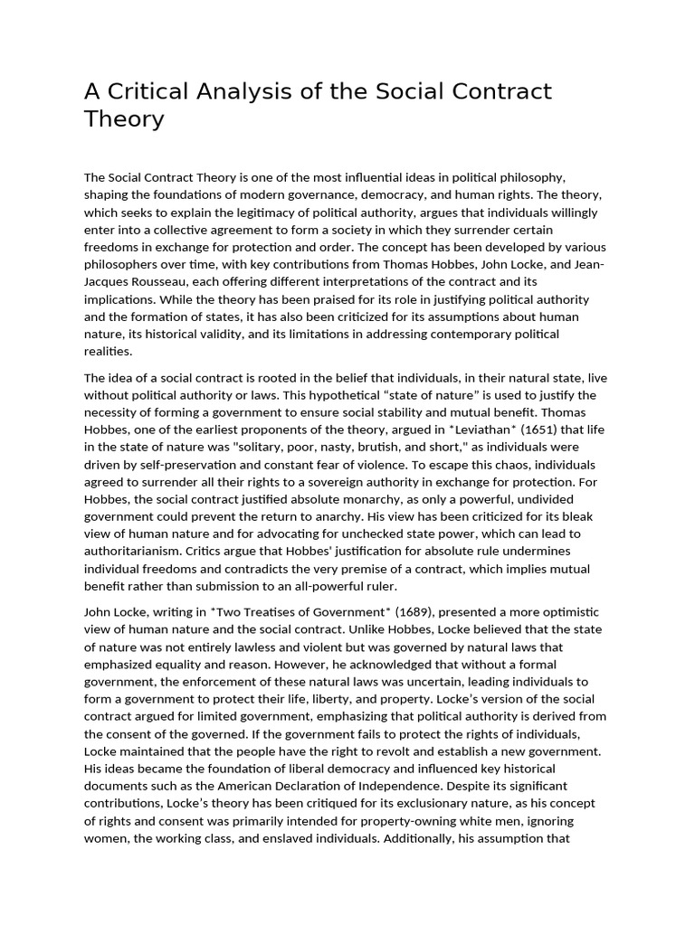 A Critical Analysis of The Social Contract Theory | PDF | Social ...