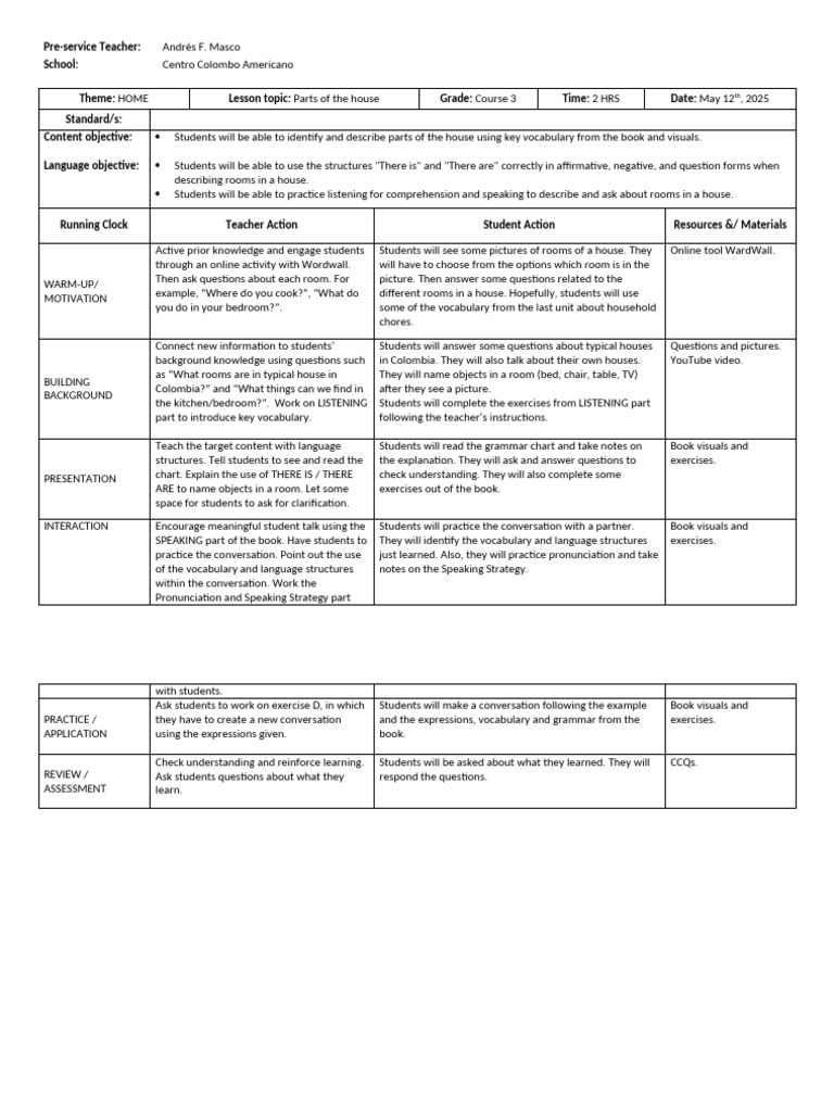 Lesson Plan Siop - Course 3 | PDF | Vocabulary | Learning