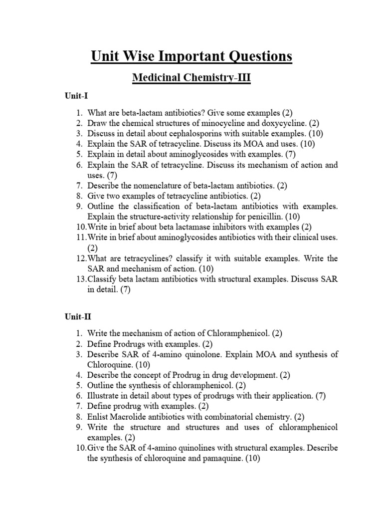 Unit Wise Medicinal Chemistry Questions | PDF | Medicinal Chemistry ...