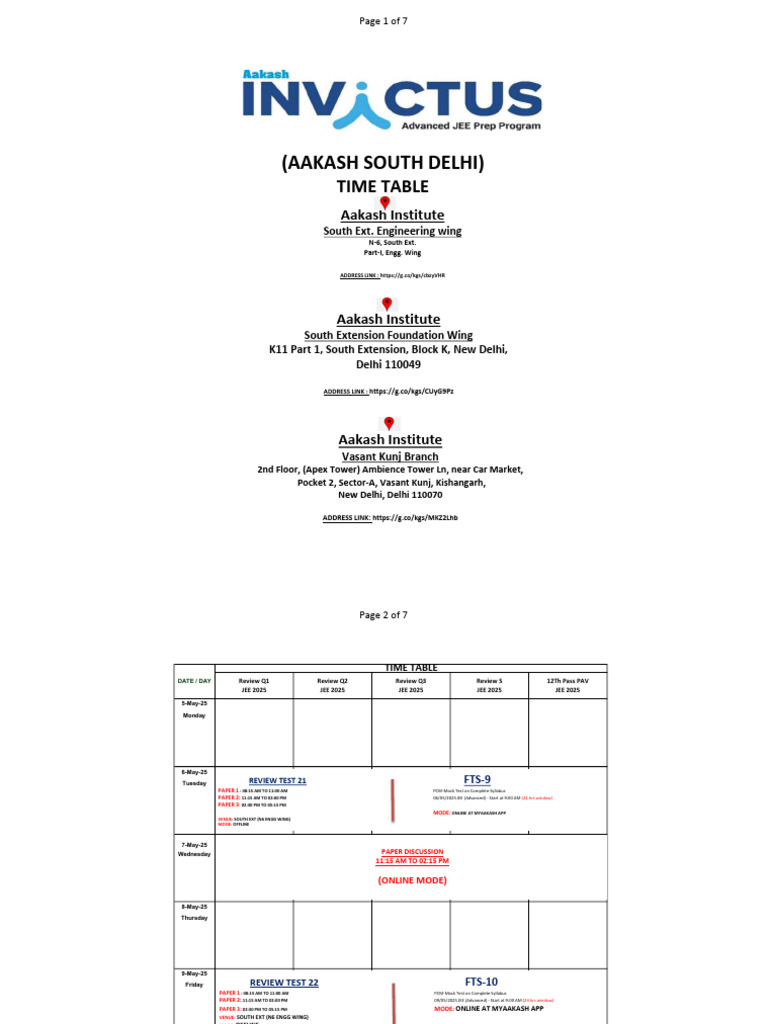 Invictus Time Table (05 May - 11 May 2025) Senior Wing | PDF