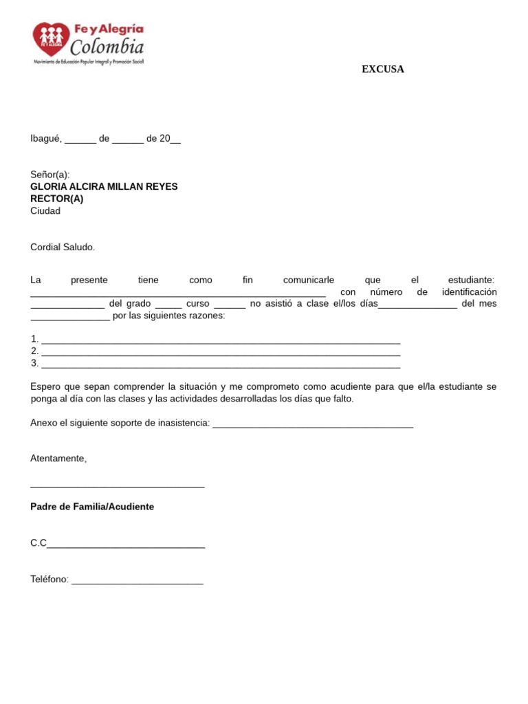 Formato Excusa Por Inasistencia | PDF