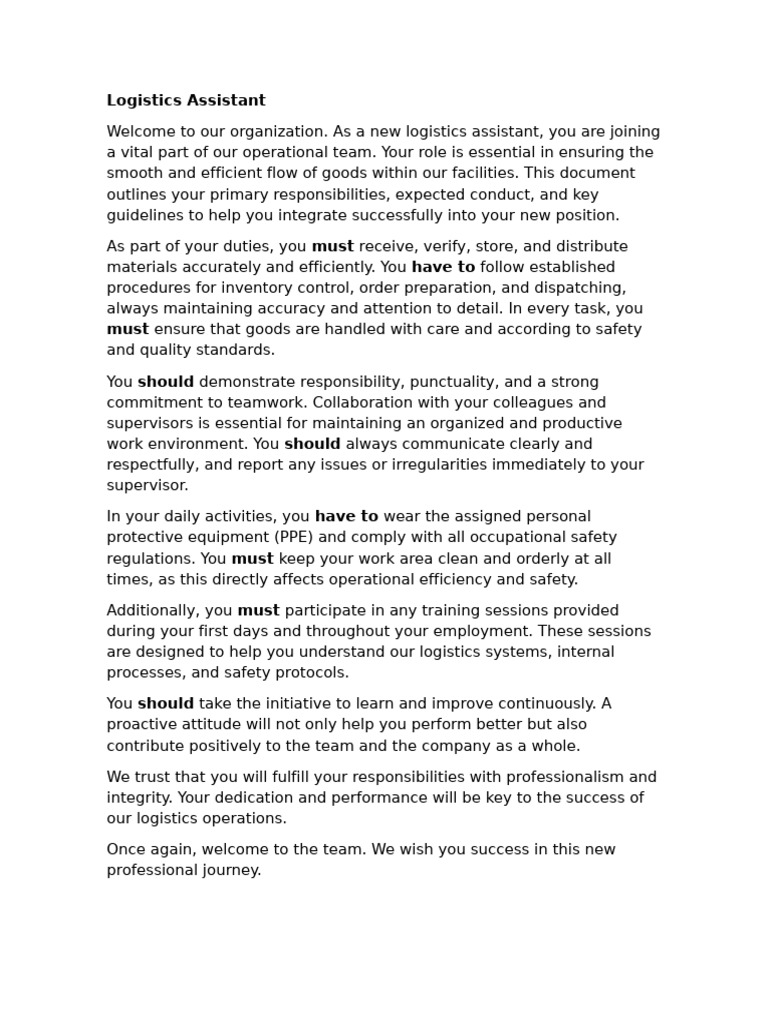 Logistics Assistant Job Responsibilities | PDF