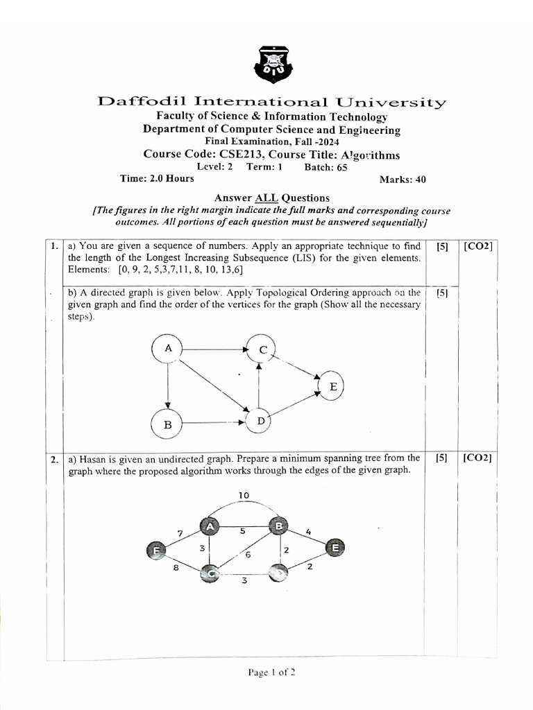 (Diuqbank - Com) Algorithms - Fall 24 - Final | PDF | Theoretical Computer Science | Graph Theory