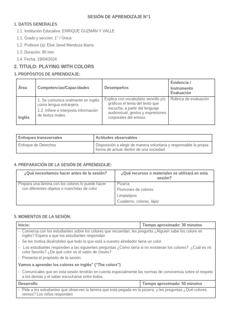 SESIÓN DE APRENDIZAJE N 1 | PDF | Aprendizaje