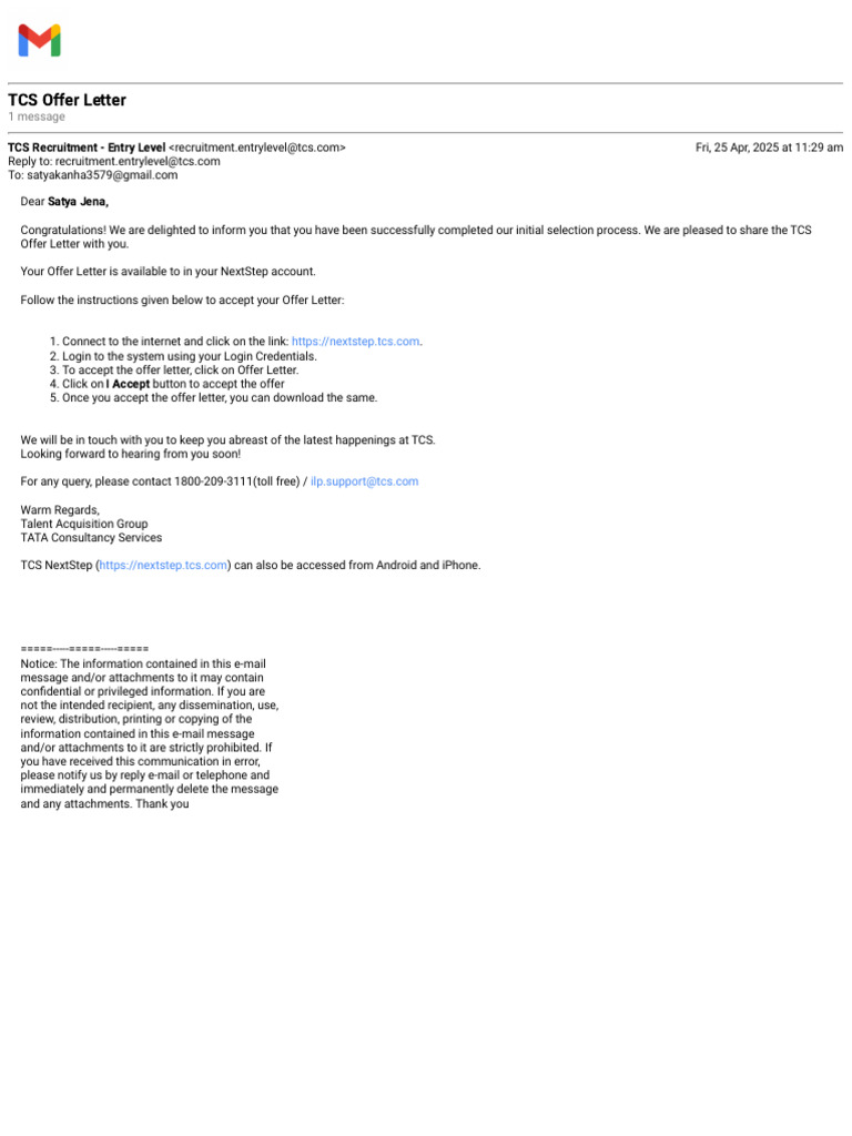 TCS Offer Letter Instructions 2025 | PDF