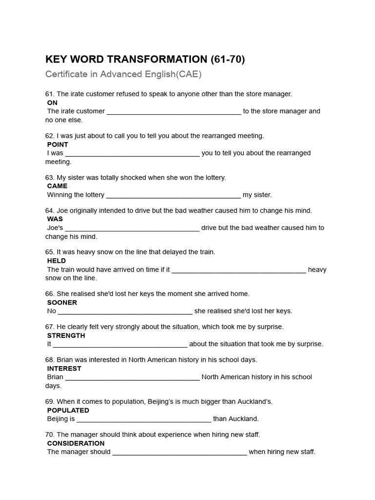 CAE Key Word Transformation Exercises | PDF