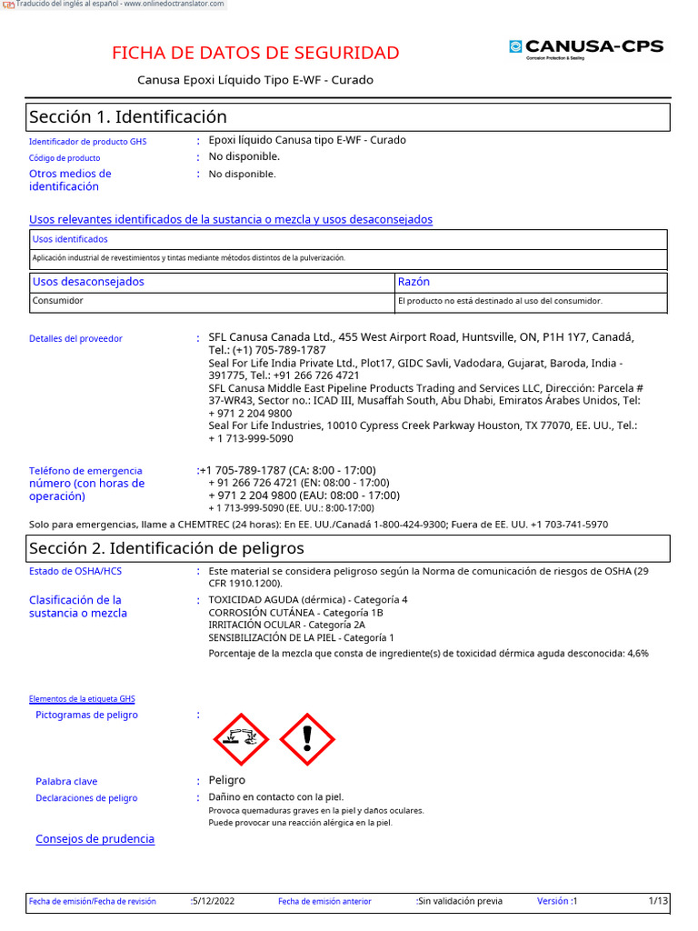 Ficha de Seguridad Epoxi Canusa E-WF | PDF | Residuos | Agua