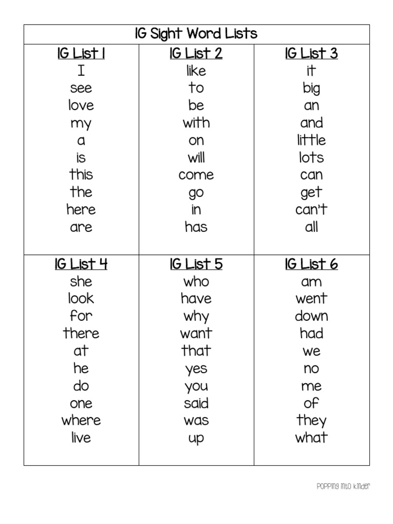 1G Sight Word Lists for Kindergarten | PDF