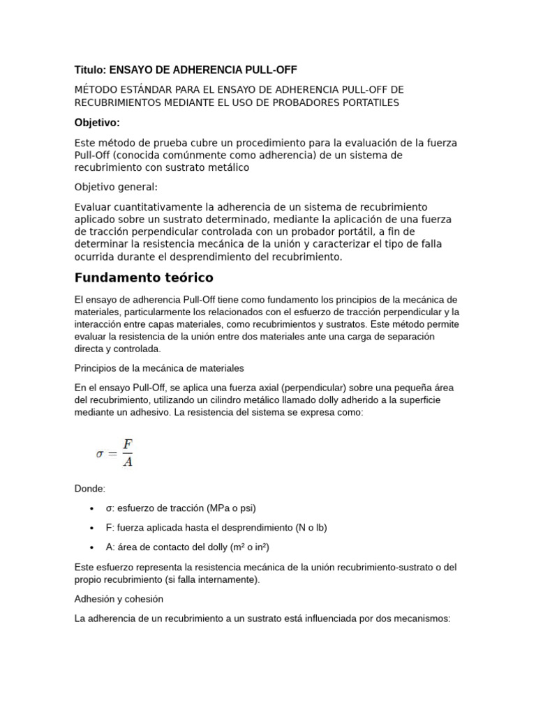 Ensayo de Adherencia Pull-Off | PDF | Adhesión | Revestimiento