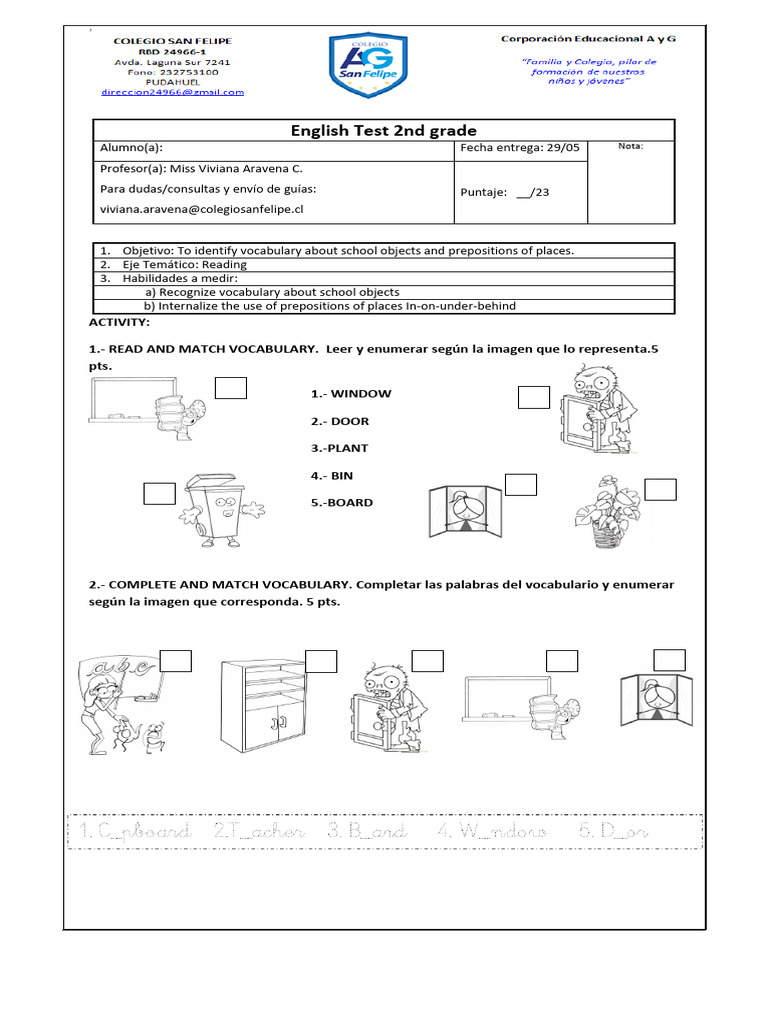 English Diagnostic Test Second Grade - Valeria Khamis Araneda | PDF