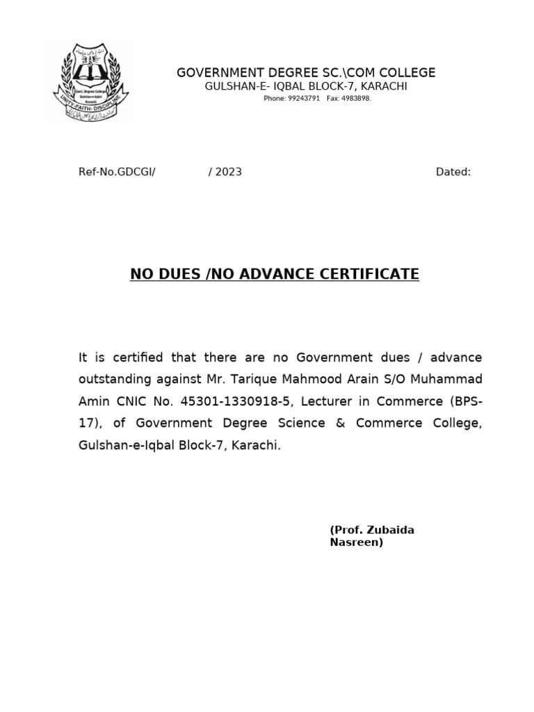 1 No Dues & Advance Certificate | PDF