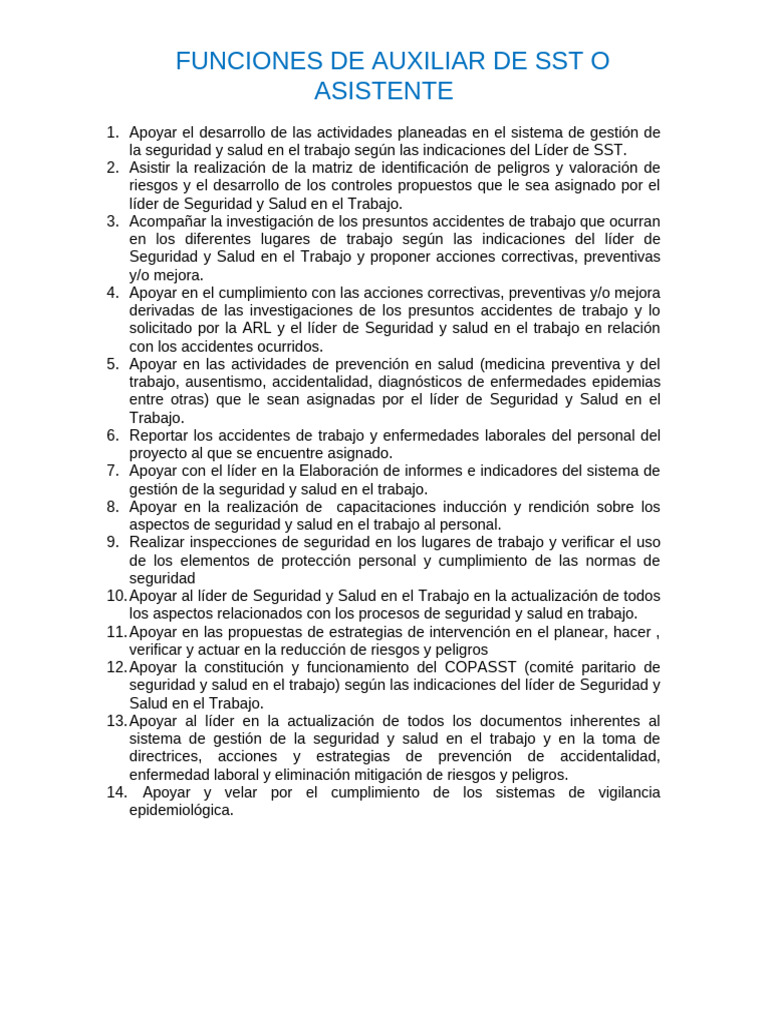 Funciones Auxiliar de SST o Asitente | PDF | Valores | Asistencia sanitaria preventiva