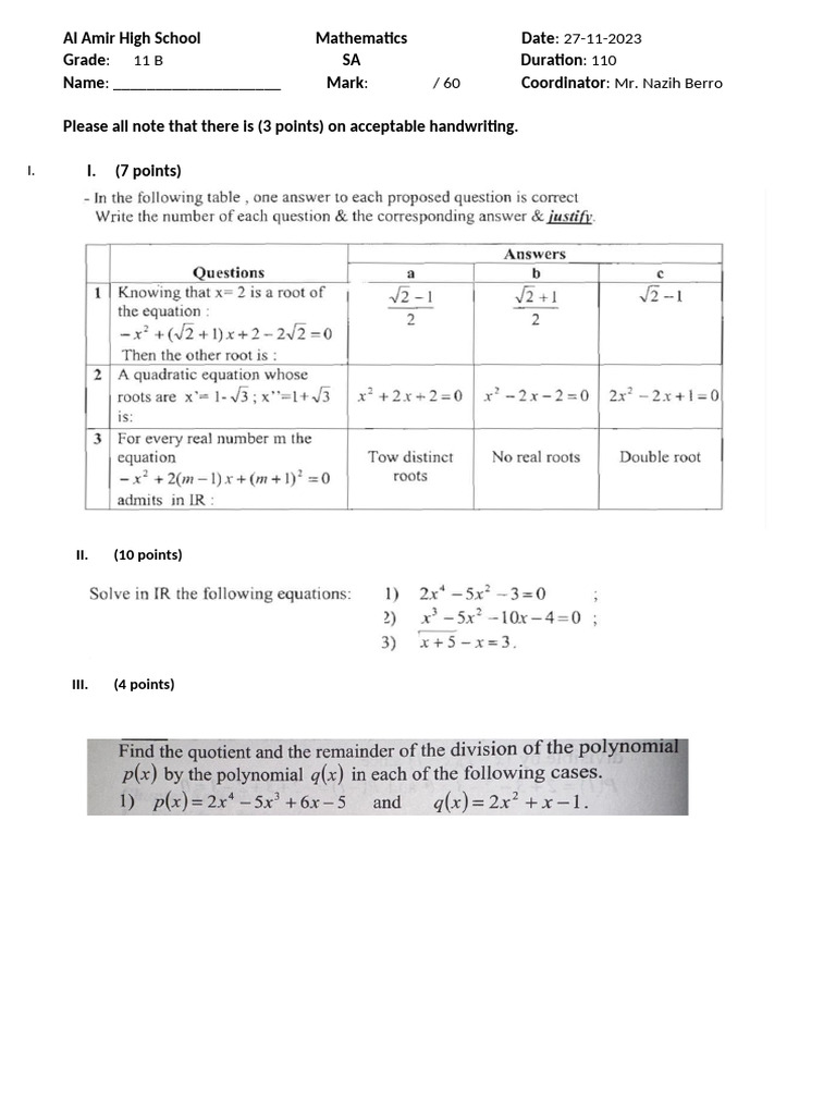 Test Math Grade 11 | PDF