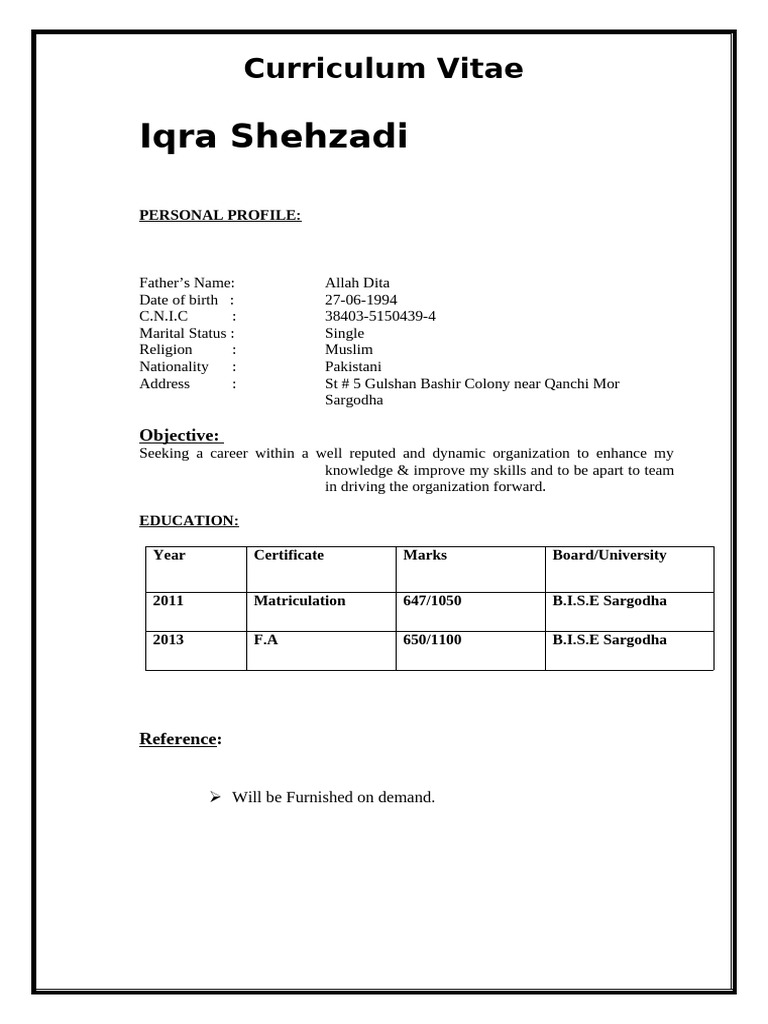 Iqra Shehzadi: Curriculum Vitae | PDF