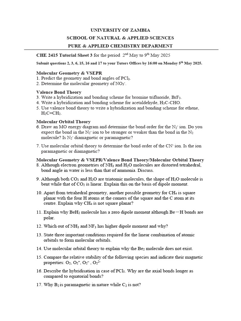Che 2415 Tutorial Sheet 3 | PDF | Chemical Bond | Chemical Polarity
