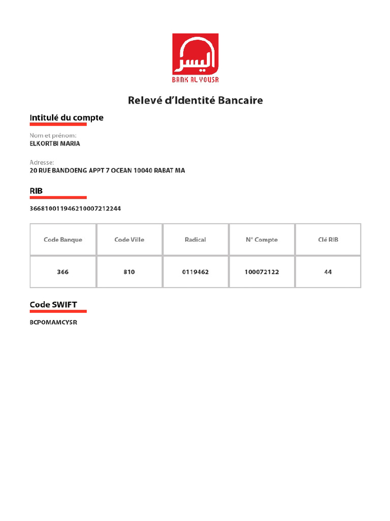 Attestation RIB 100072122 | PDF
