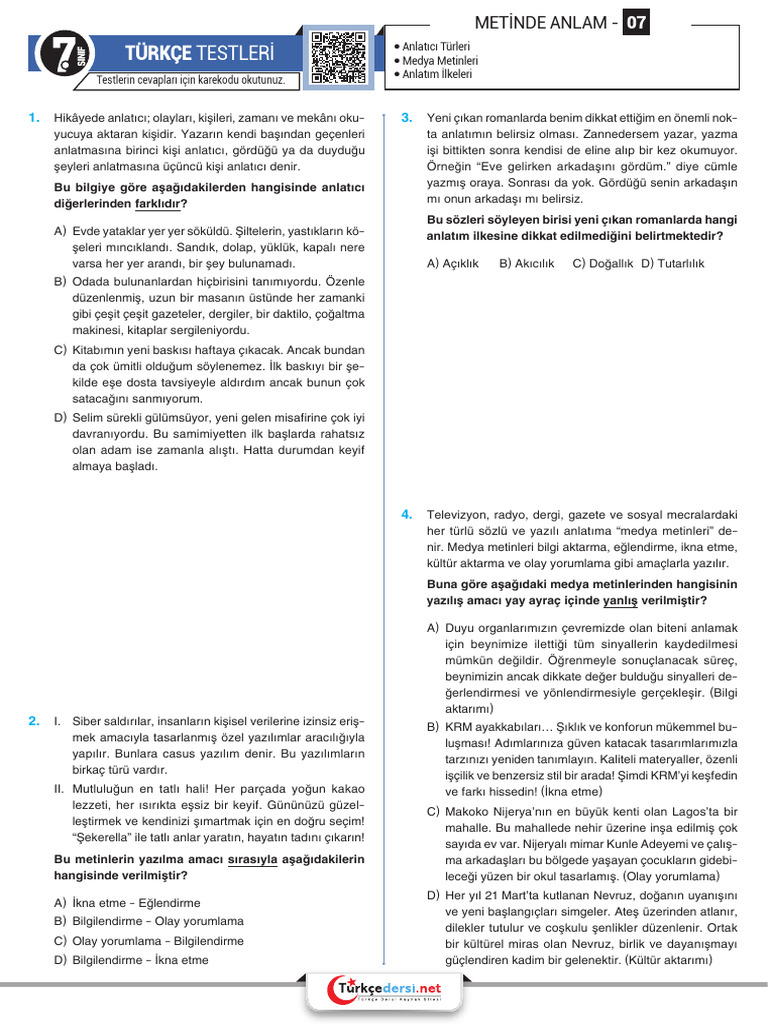 Sinif Indirilebilir Testler Metinde Anlam 07 | PDF