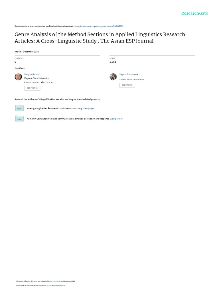 Farnia, M., & Baratizade, S. (2020) - Genre Analysis of The Method Sections in Applied ...