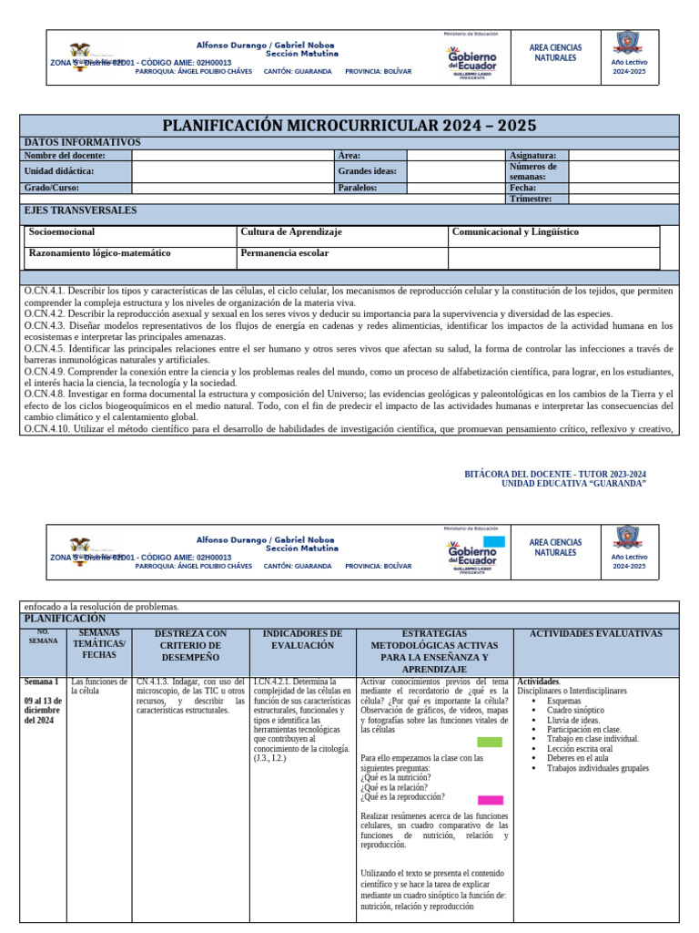 PLANIFICACION 8vo CCNN II | PDF | Tejido (biología) | Reproducción