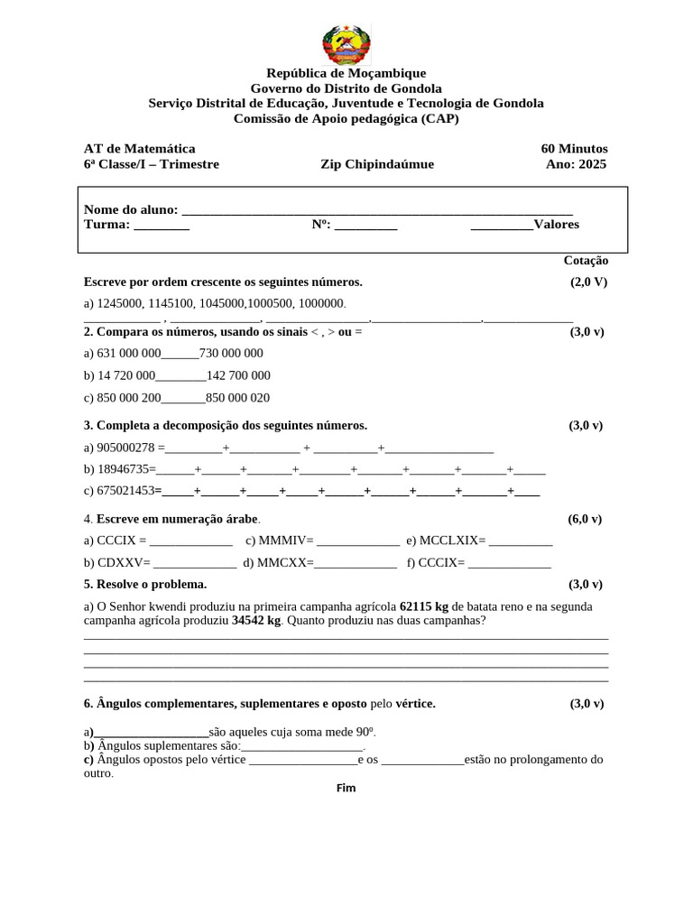 AT de Matematica 6 Classe I Trimestre - 2025 | PDF | Matemática