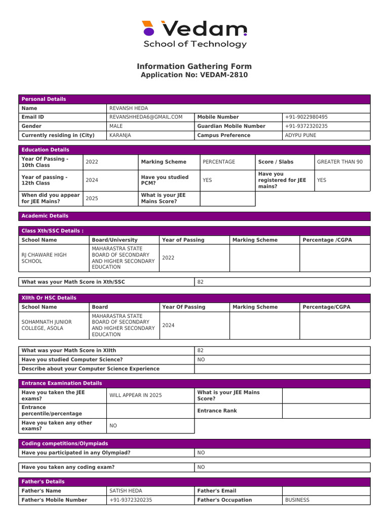 Application Form Vedam-2810 | PDF | Schools | Educational Assessment ...